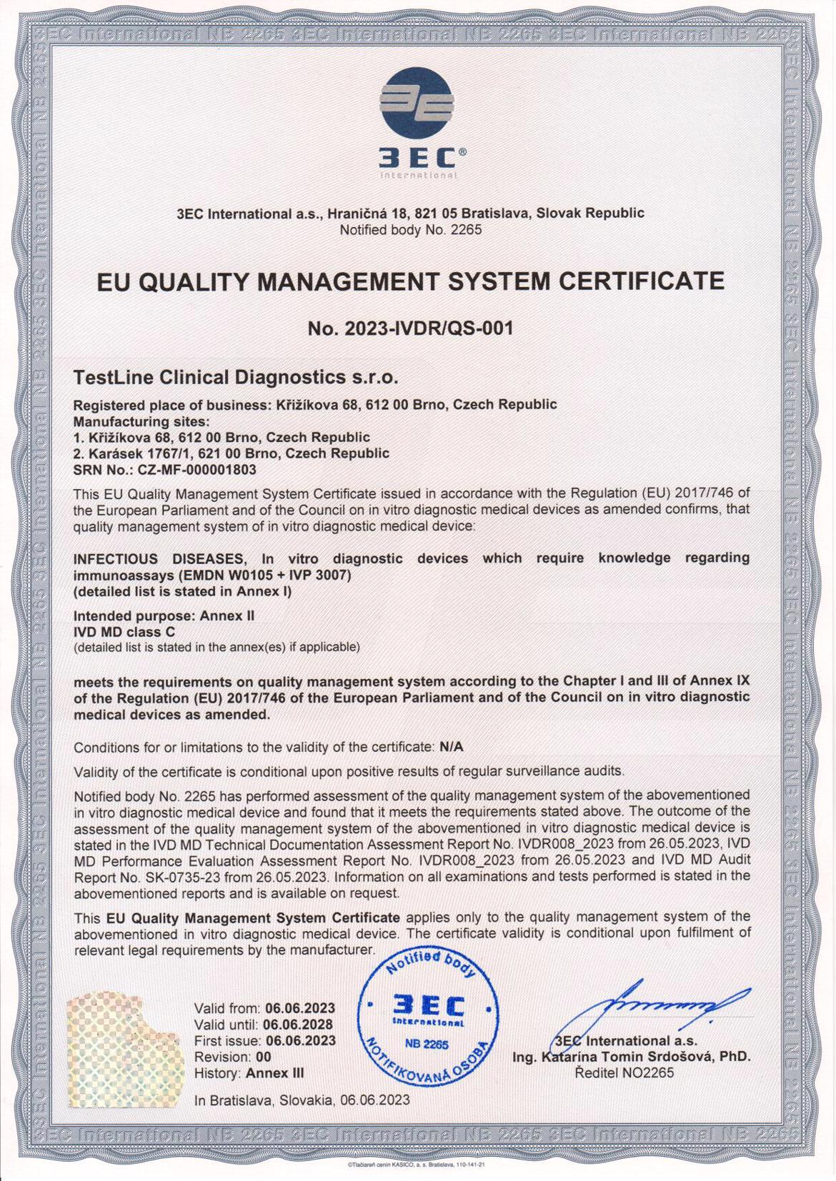 TestLine Clinical Diagnostics receives the first IVDR Certification for ...